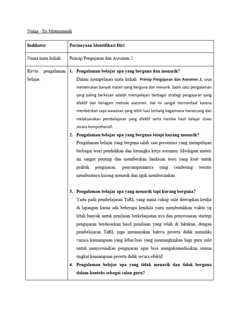 Seminar Mata Kuliah Pengajaran Asesmen 2-Tri Mutmainnah | PDF | Karier & Perkembangan | Sains ...