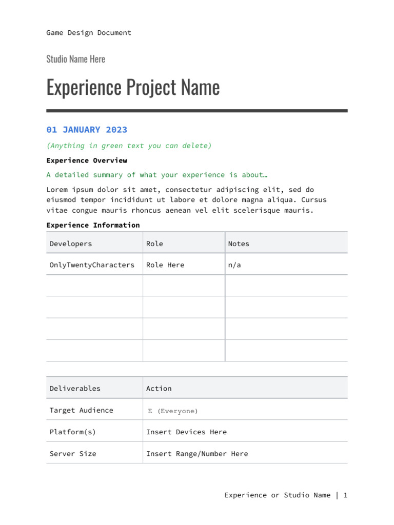 Roblox Game Design Document Template | PDF