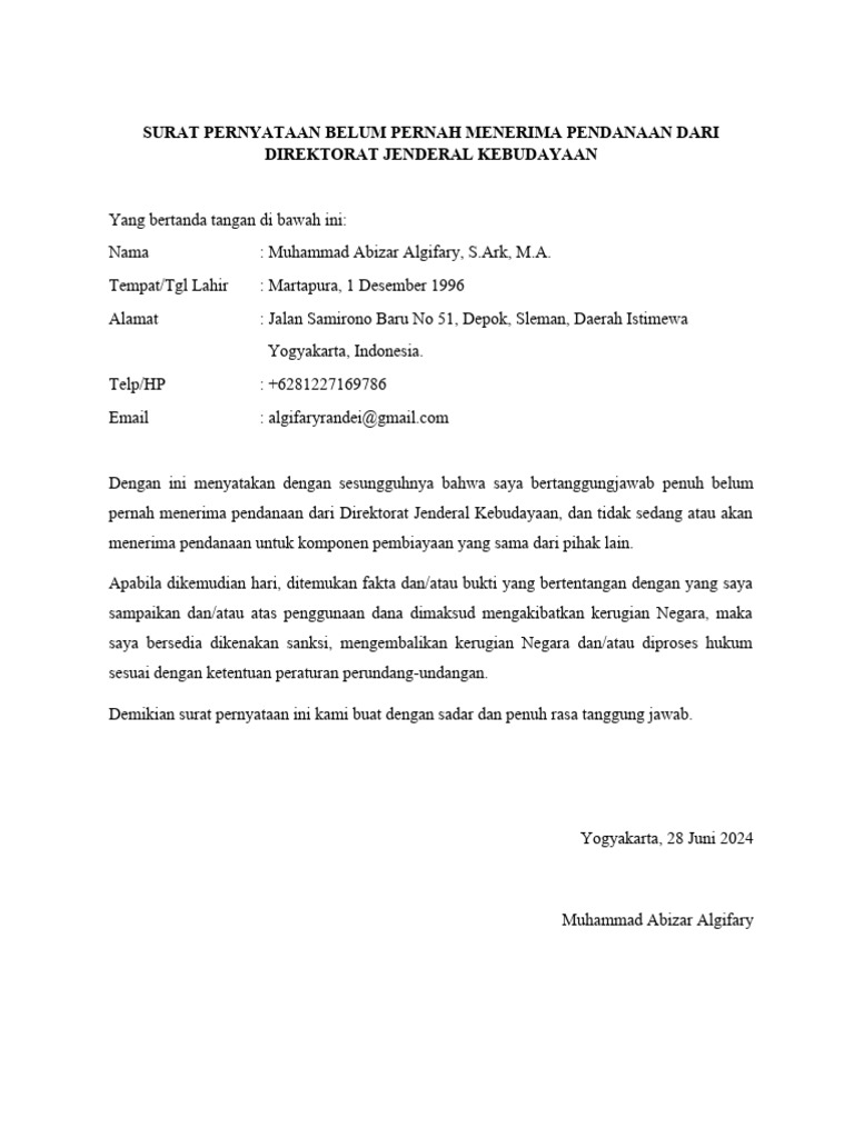 Surat Pernyataan Belum Pernah Menerima Pendanaan Dari Direktorat Jenderal Kebudayaan | PDF ...