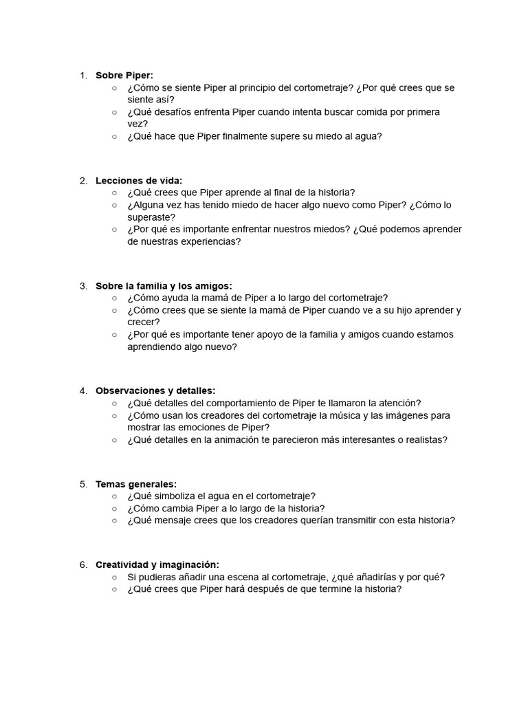 Reflexiones sobre el cortometraje Piper | PDF | Las emociones | Creatividad