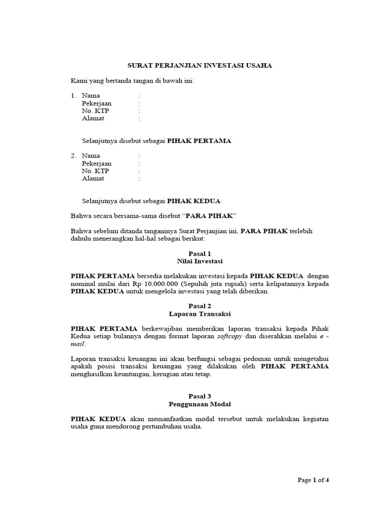 Draft Surat Perjanjian Investasi Usaha Kak Dhini Pdf