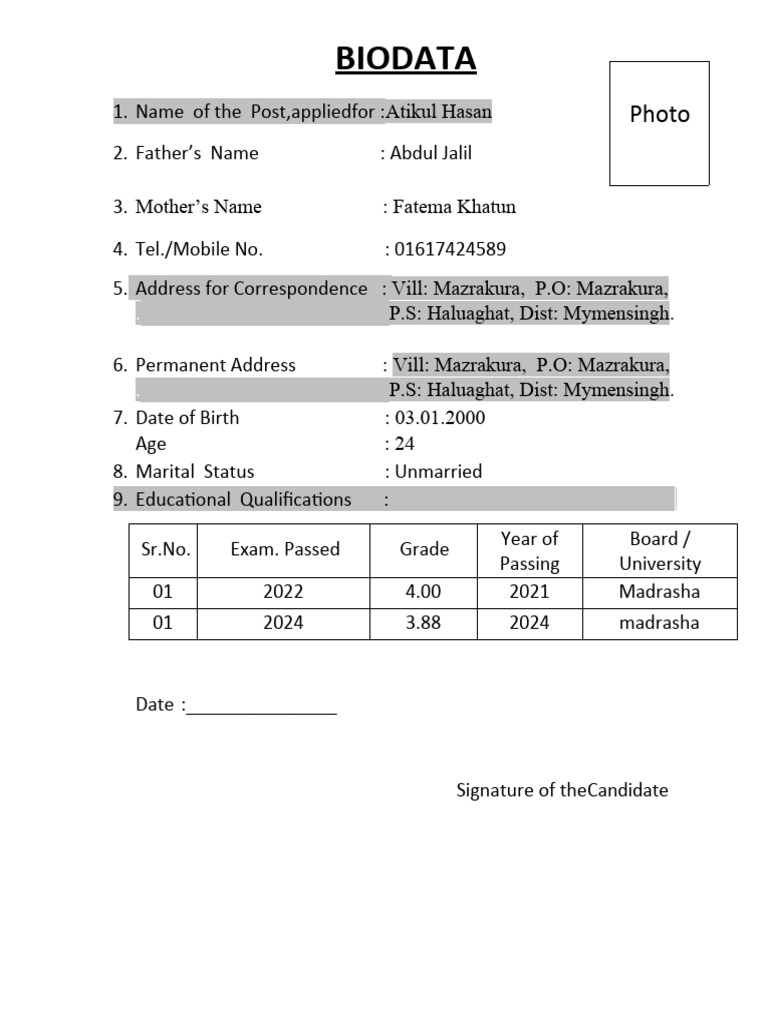 Atikul Hasan's Biodata Overview | PDF