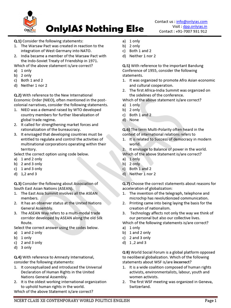 NCERT Class XII World Politics Quiz | PDF | Soviet Union | World Politics