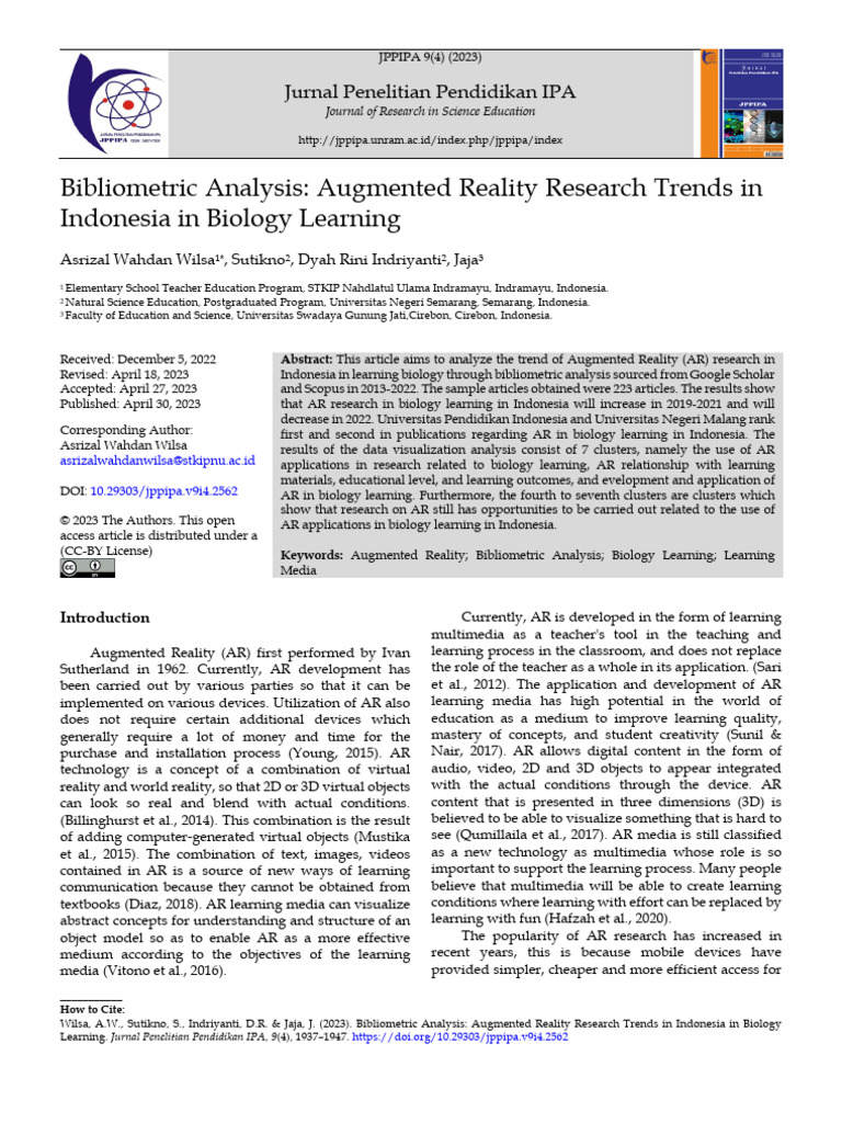 Bibliometric Analysis Augmented Reality Research Trends in Indonesia in Biology Learning | PDF ...