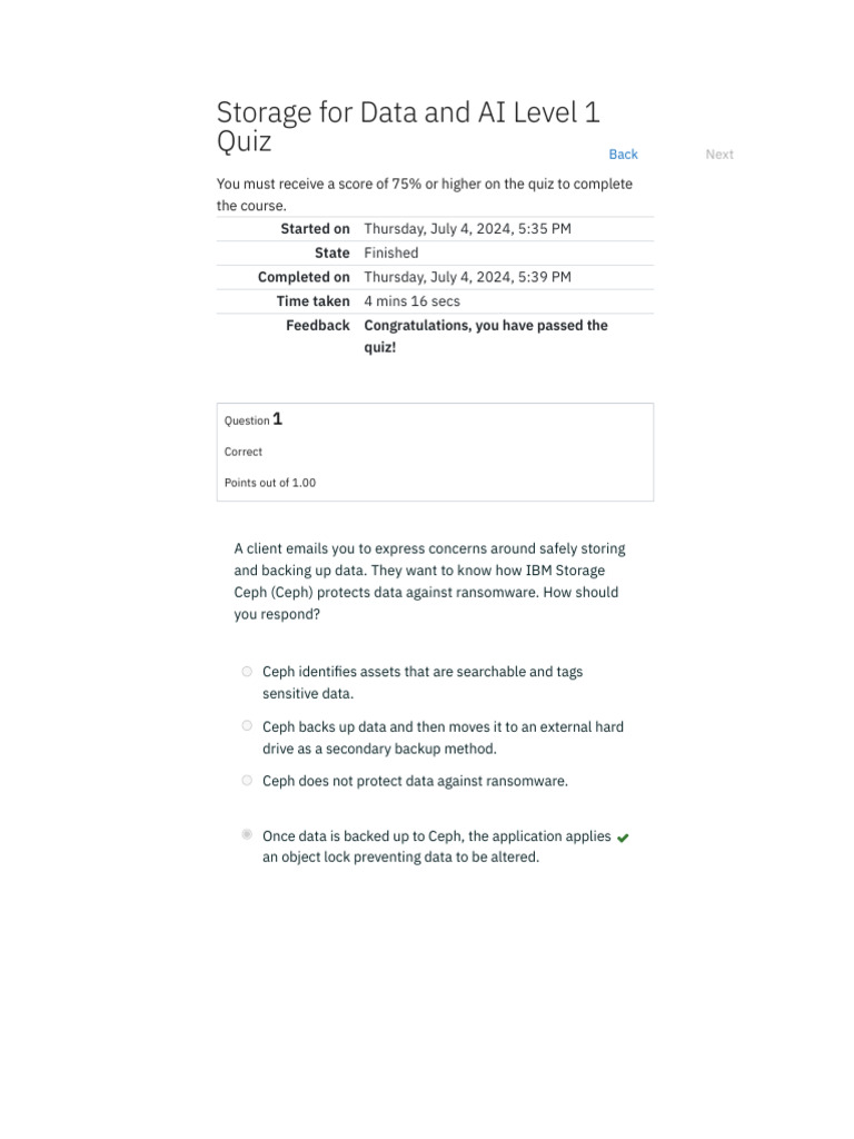 Storage For Data and AI Level 1 Quiz - Attempt Review | PDF | Cloud ...
