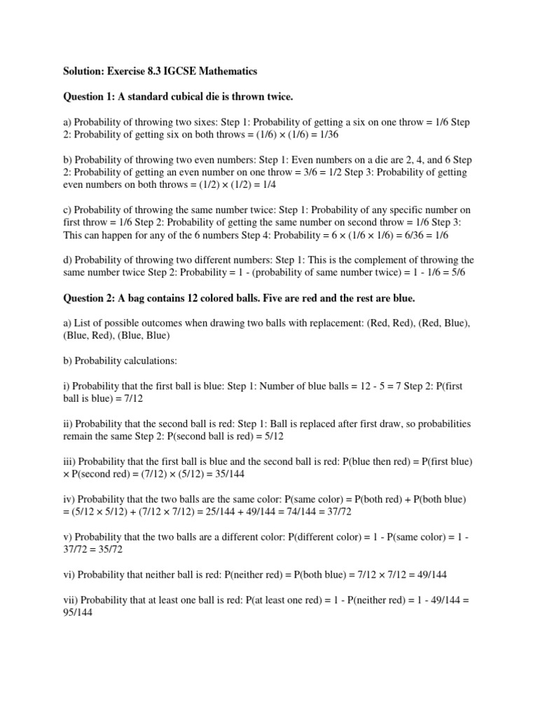 Solution Math IGCSE Exercise 8.3 | Download Free PDF | Odds | Probability