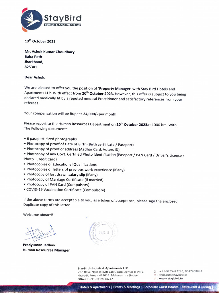 Offer Letter_ Stay Bird | PDF | Identity Document