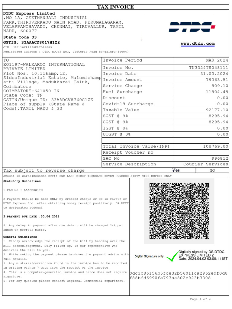 TN3324TS048111 EO1197 31-Mar-2024 | PDF | Cheque | Invoice