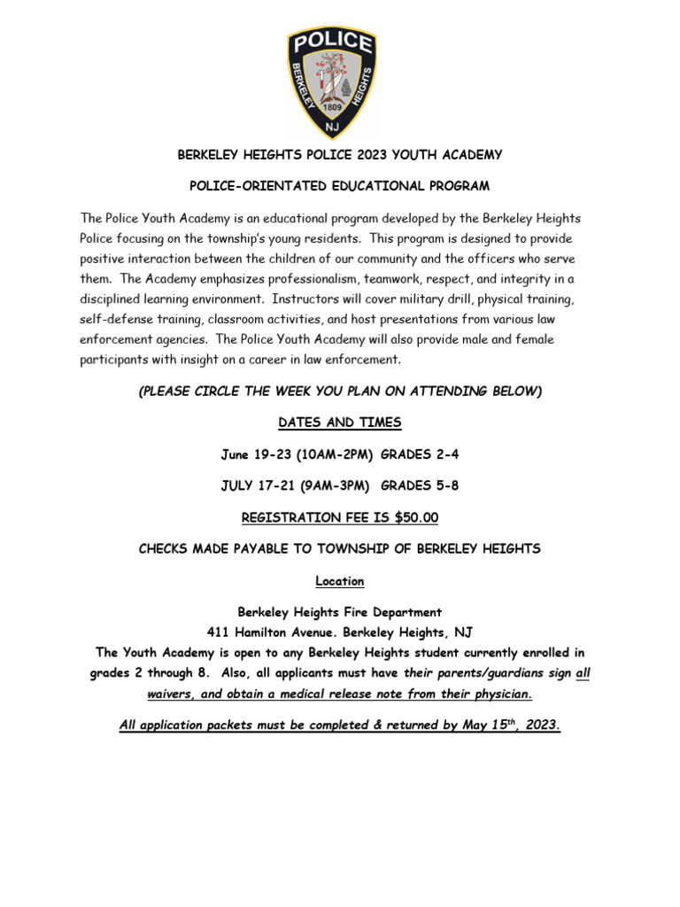 Berkeley Heights Police Youth Academy 2023 | PDF | Photograph | Indemnity