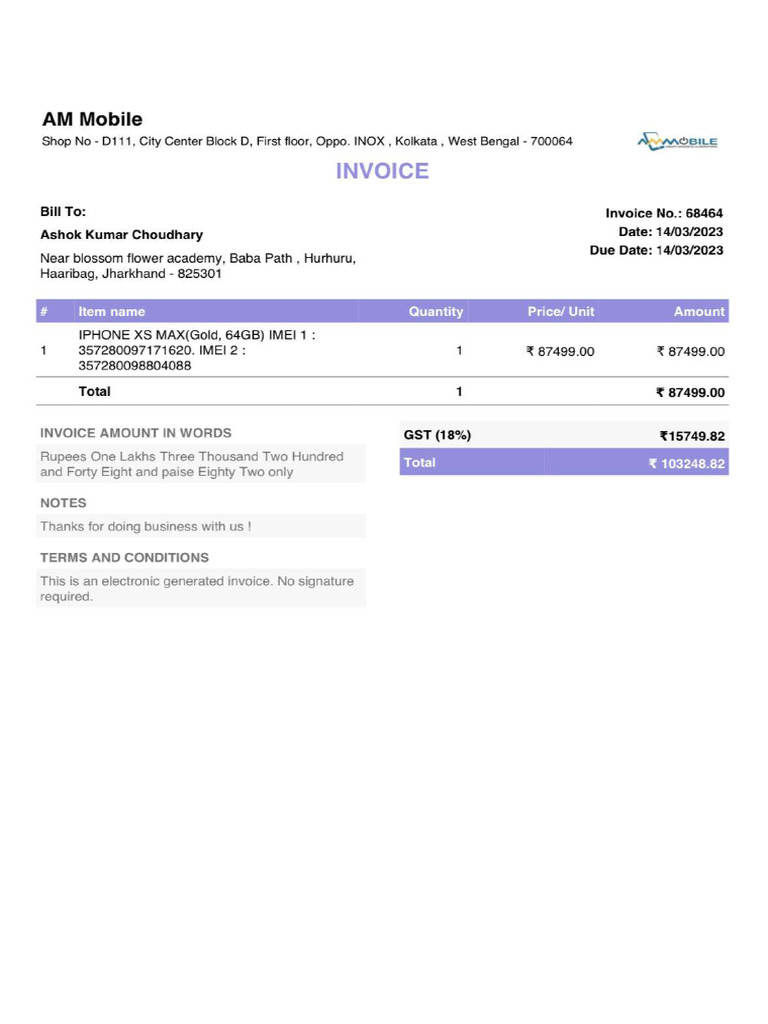 INVOICE - XS MAX (Rose Gold) | PDF