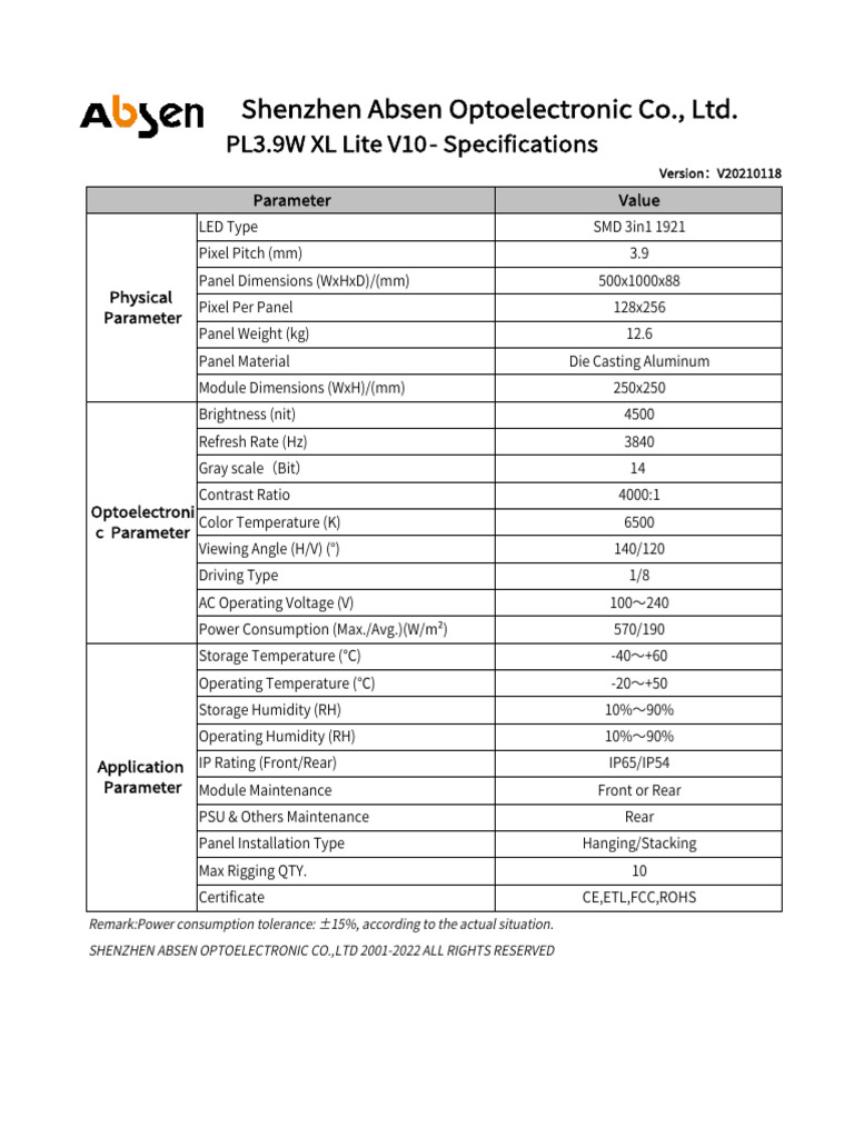 PL3.9W XL Lite V10 Specifications | PDF | Electricity | Electronics