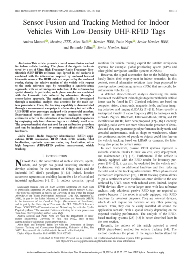 Sensor Fusion And Tracking Method For Indoor Vehicles With Low Density Uhf Rfid Tags Pdf