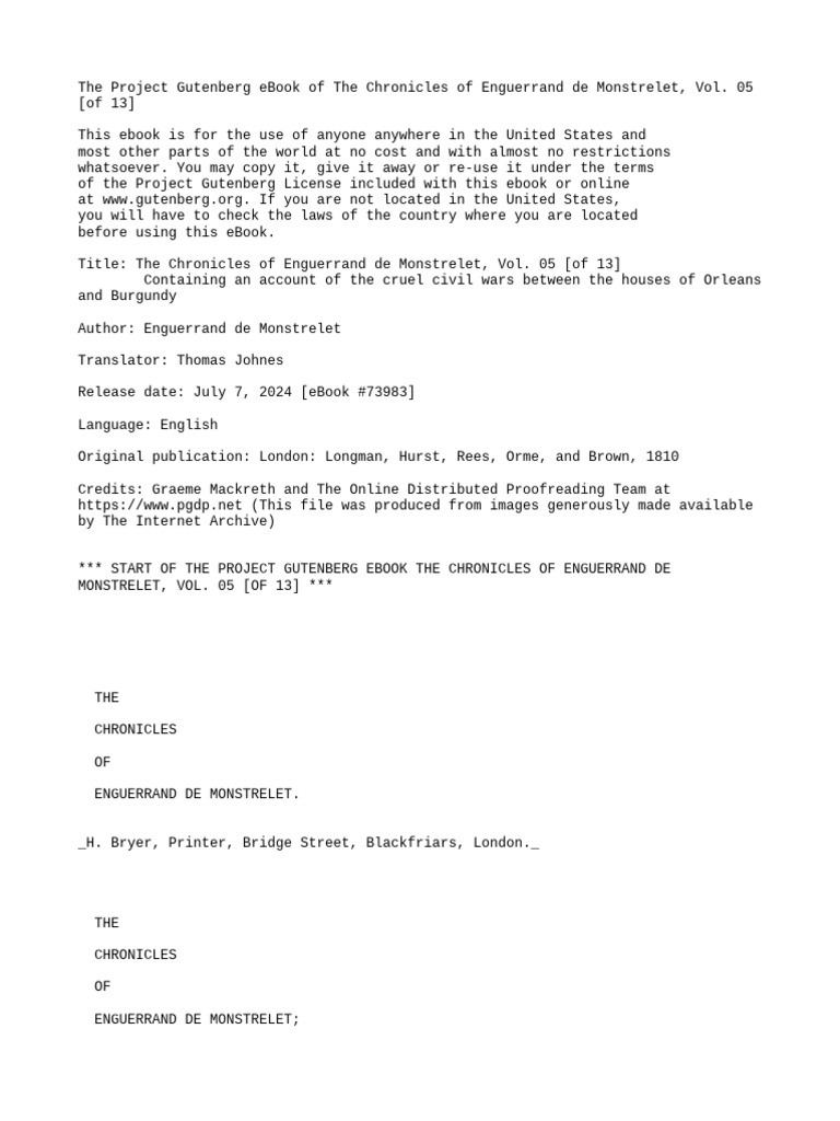 The Chronicles of Enguerrand de Monstrelet, Vol. 05 (Of 13) | PDF ...