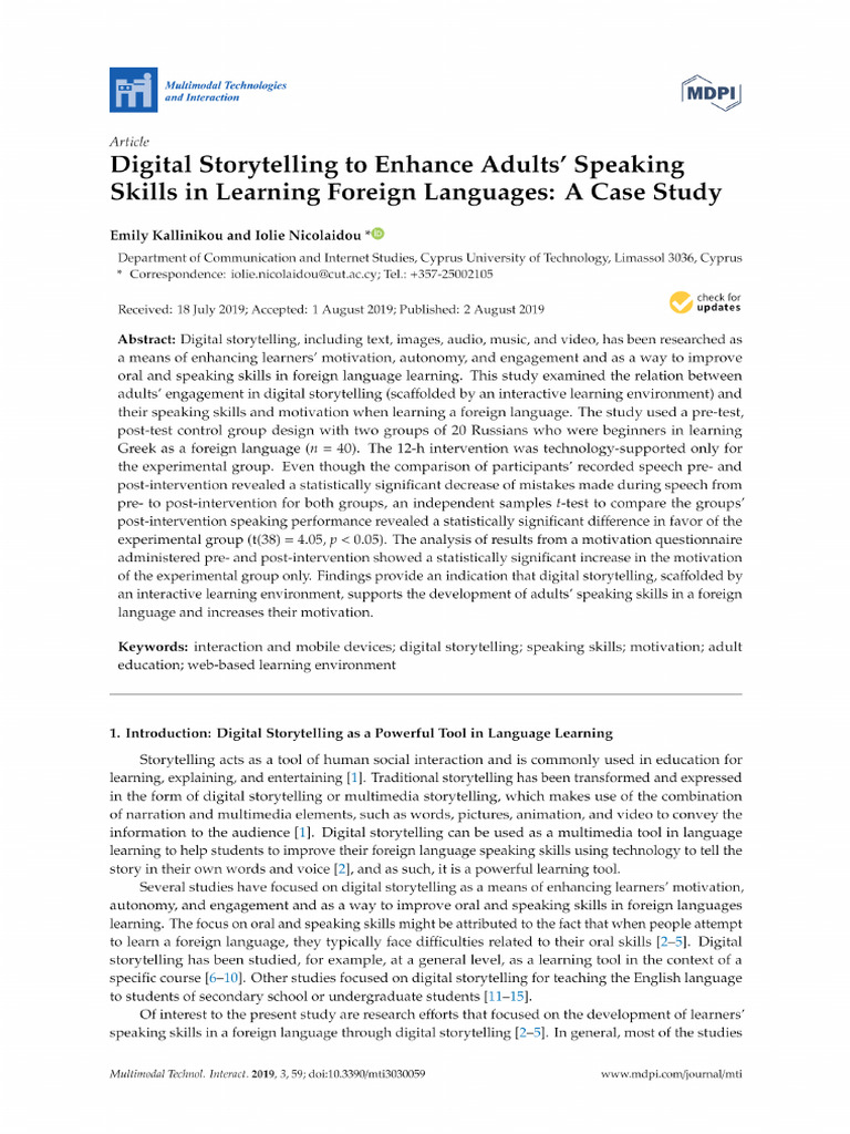 Digital Storytelling To Enhance Adults' Speaking Skills in Learning Foreign Languages - A Case ...