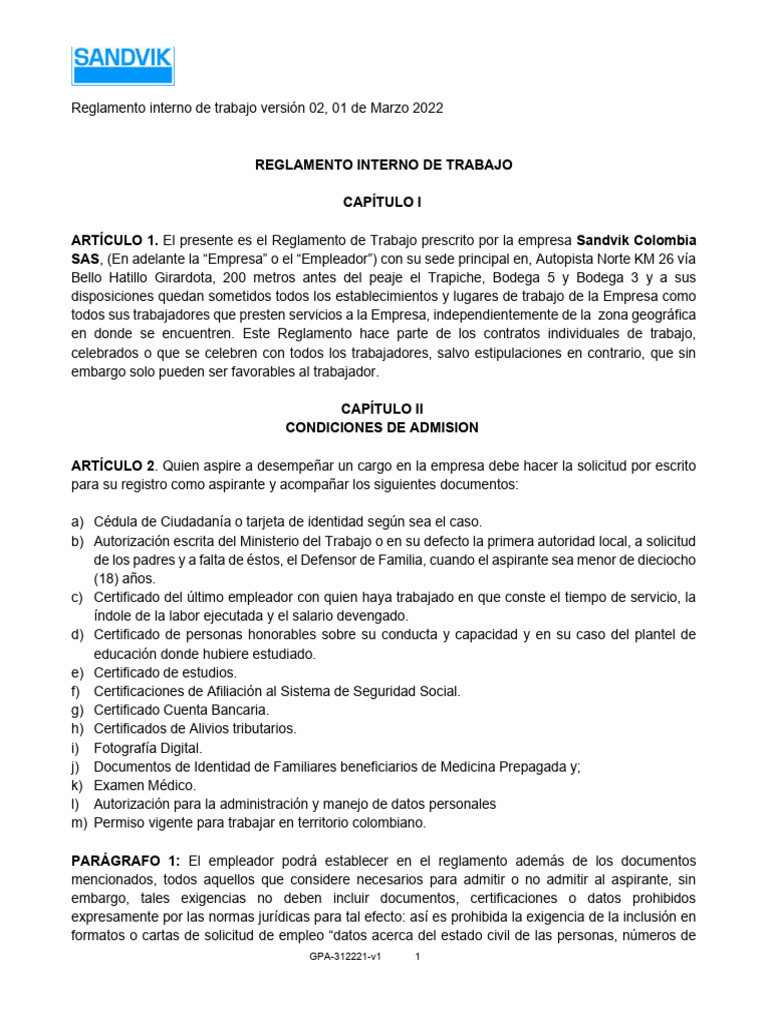 Reglamento interno de trabajo versión 02, 01 de Marzo 2022 (1) (2) | PDF | Salario | Derecho laboral