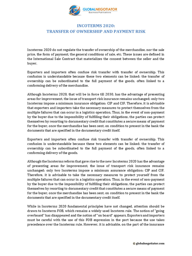 Incoterms Transfer Ownership Risk | PDF | Letter Of Credit | Business