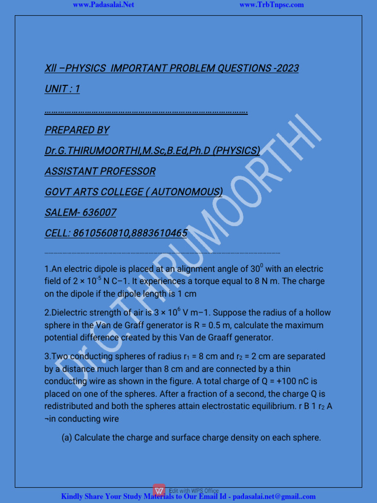 12th Physics EM Important Problem Question 2023 English Medium PDF Download | PDF