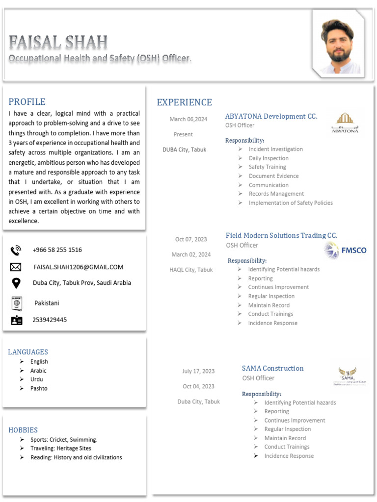 OSH Officer Profile and Experience Summary | PDF | Safety ...