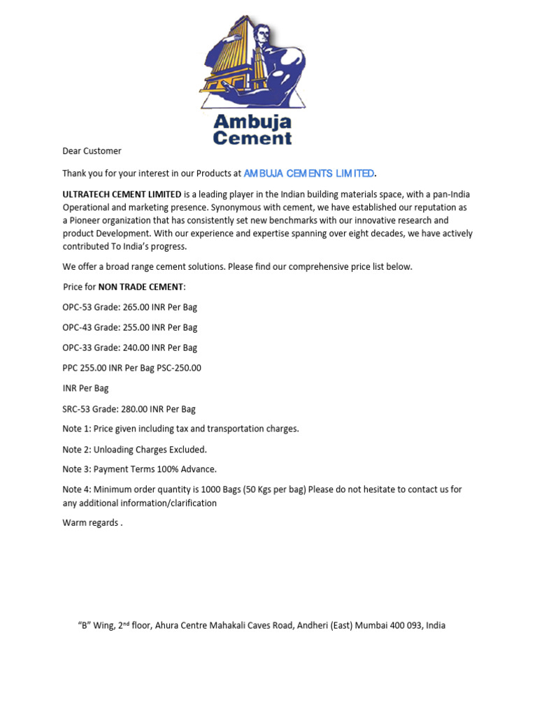 Ambuja Cements Limited Quotation | PDF