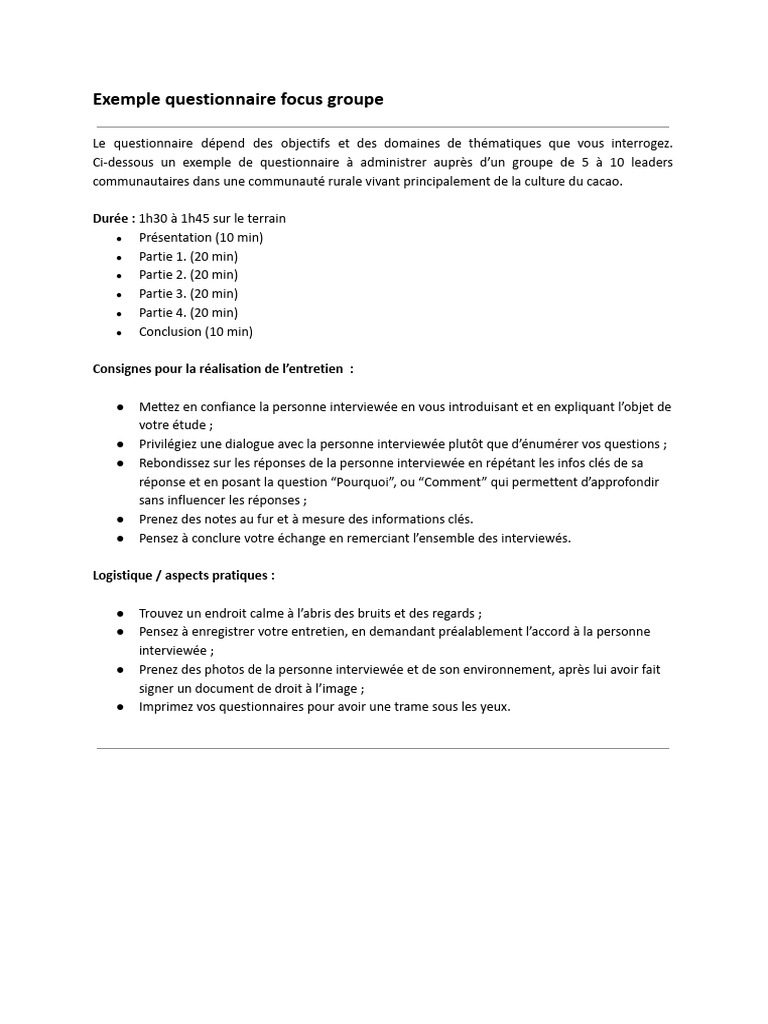 Questionnaire Focus Groupe Communautaire | PDF