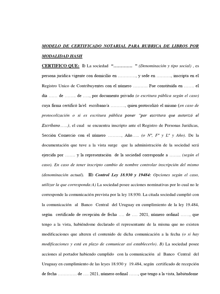 Modelo de Certificado Notarial e Libros Con Hash | PDF