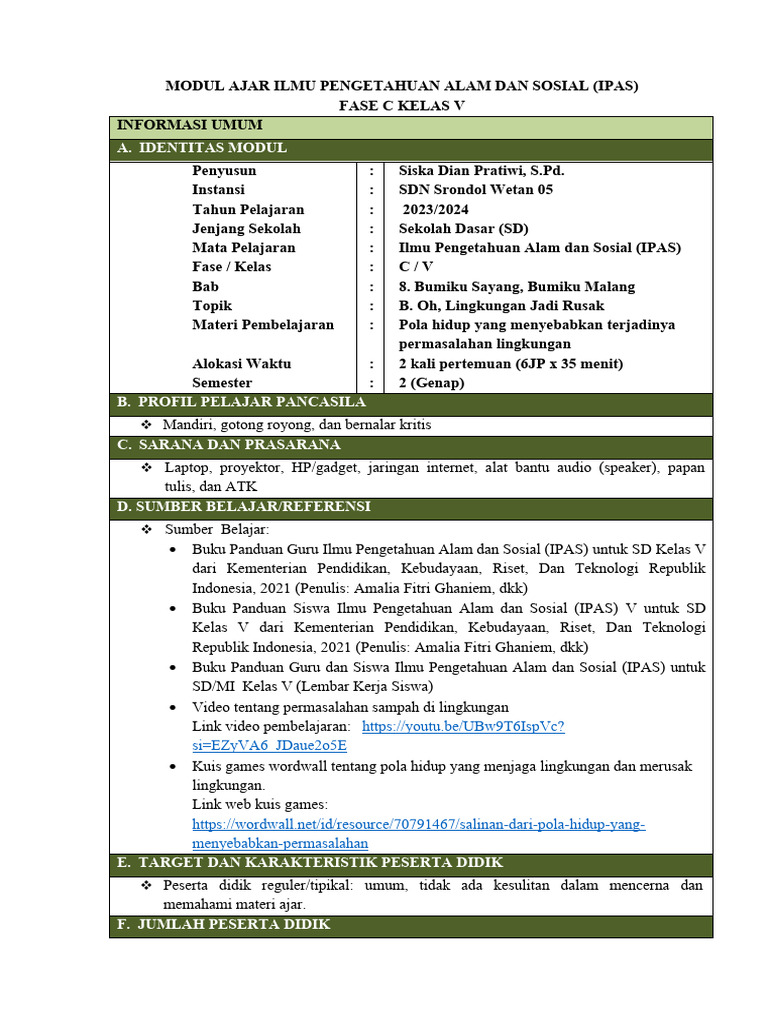 Modul Ajar IPAS Fase C Kelas 5 - SRA | PDF