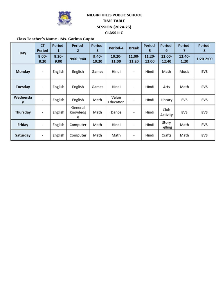 Class II C Time Table 2024-25 | PDF