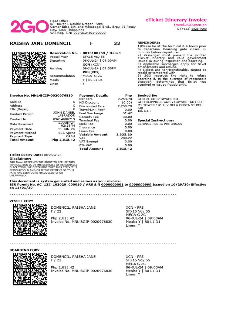 2GO Travel - Itinerary Receipt | PDF | Legal Liability | Indemnity