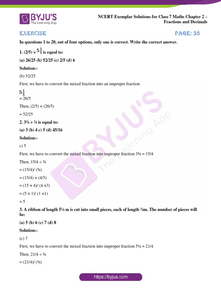NCERT Exemplar Solutions For Class 7 Maths Chapter 2 Fractions and Decimals | PDF | Elementary ...