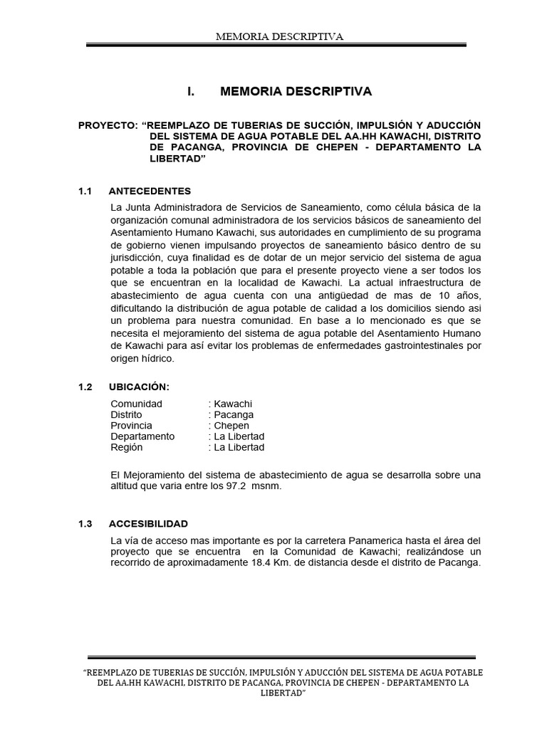 Memoria Descriptiva | PDF | Tubería (transporte de fluidos) | Agua