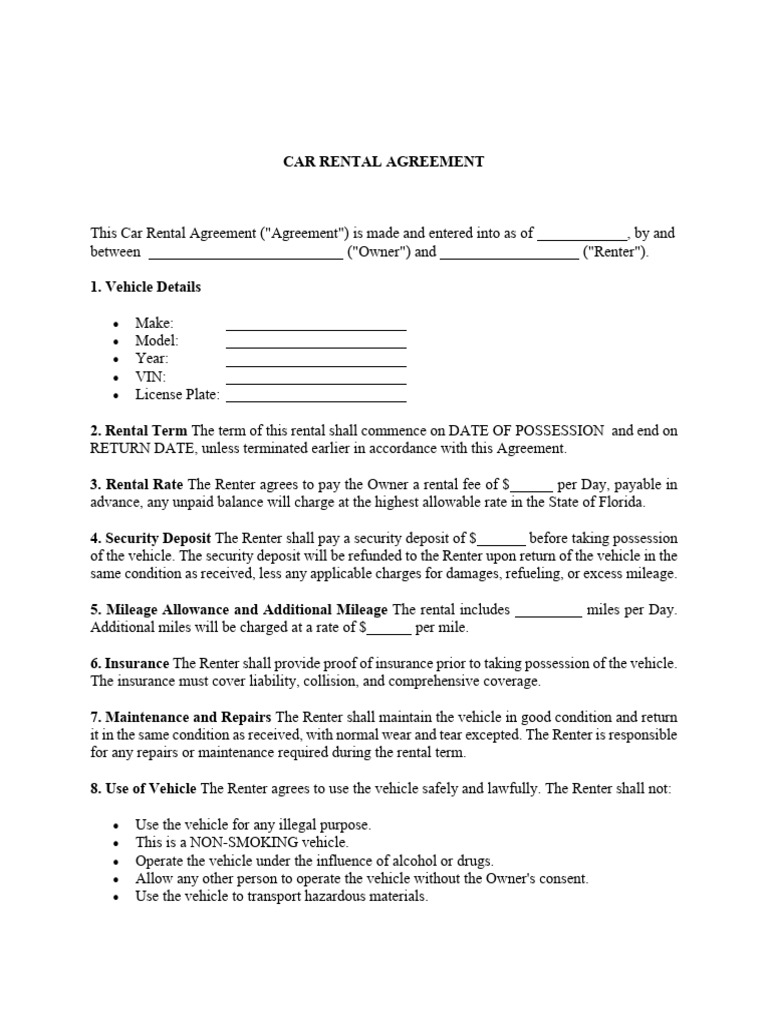 CAR RENTAL AGREEMENT Blank | PDF | Indemnity | Business Law