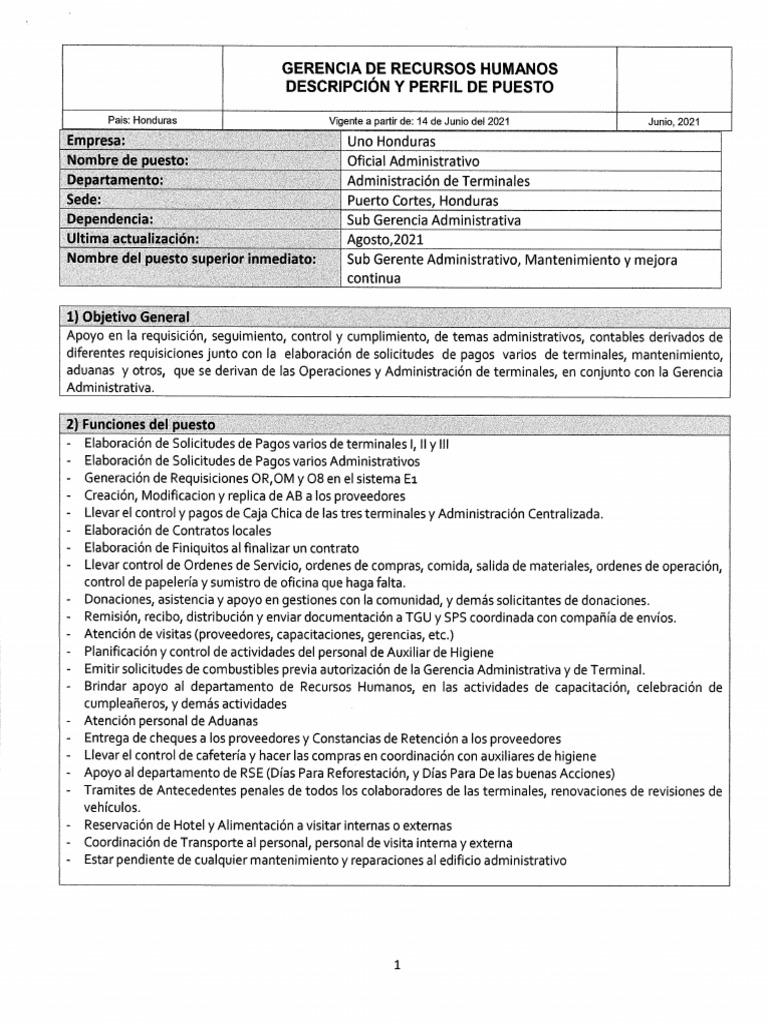 Descripcion y Perfil de Puesto | PDF