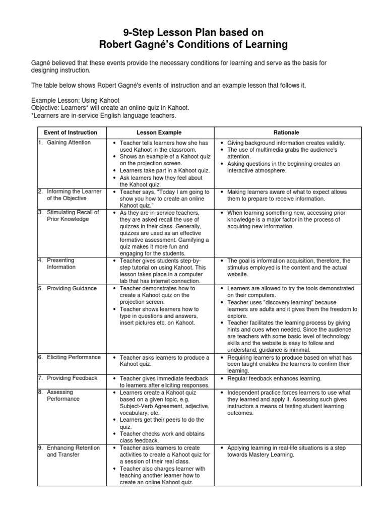 9 Step Lesson Plan based on_Gagne_Kahoot | PDF | Learning | Teachers