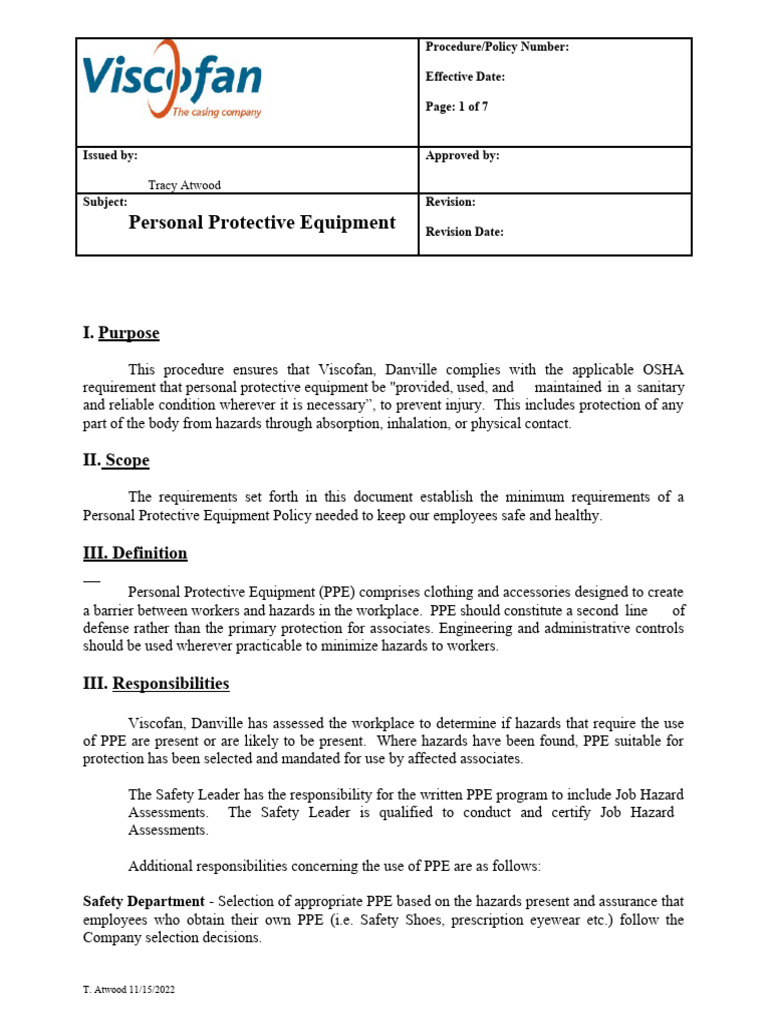 Personal Protective Equipment Policy | PDF | Personal Protective ...