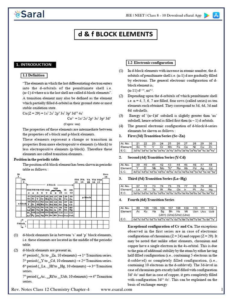 D-Block Elements: Electronic Configurations | PDF | Transition Metals ...
