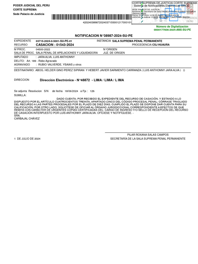 Exp. CASACION 1543-2024 - Consolidado - 38987-2024 | PDF | Judicaturas ...