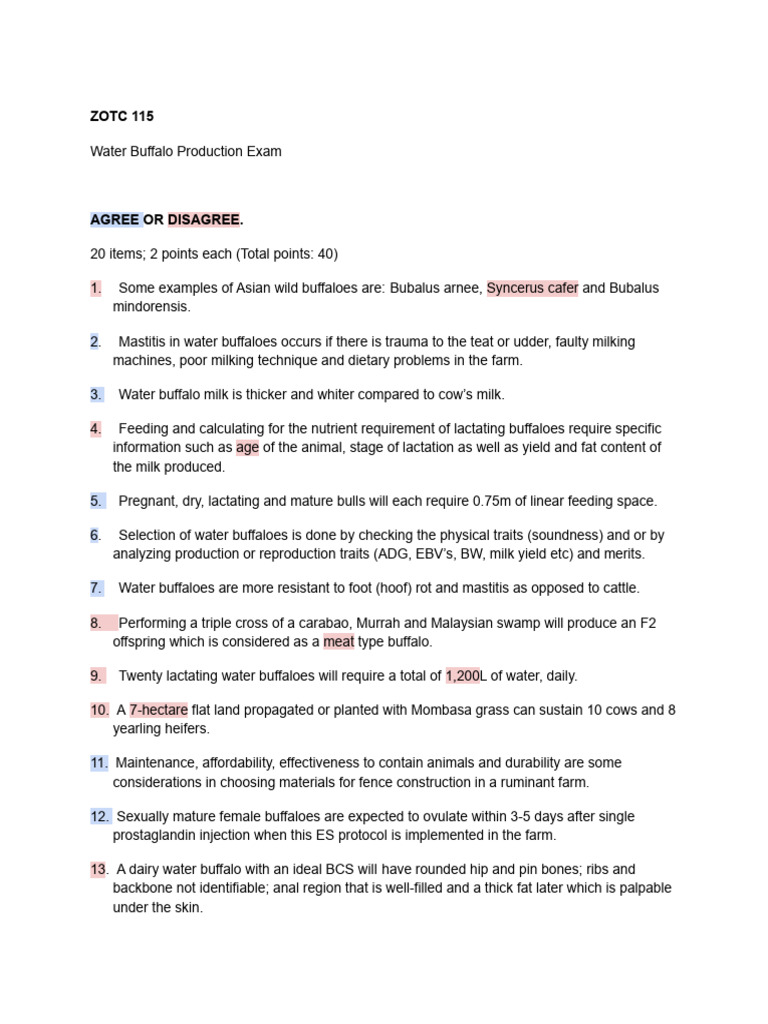 Water Buffalo Exam | PDF | Dairy Cattle | Cattle