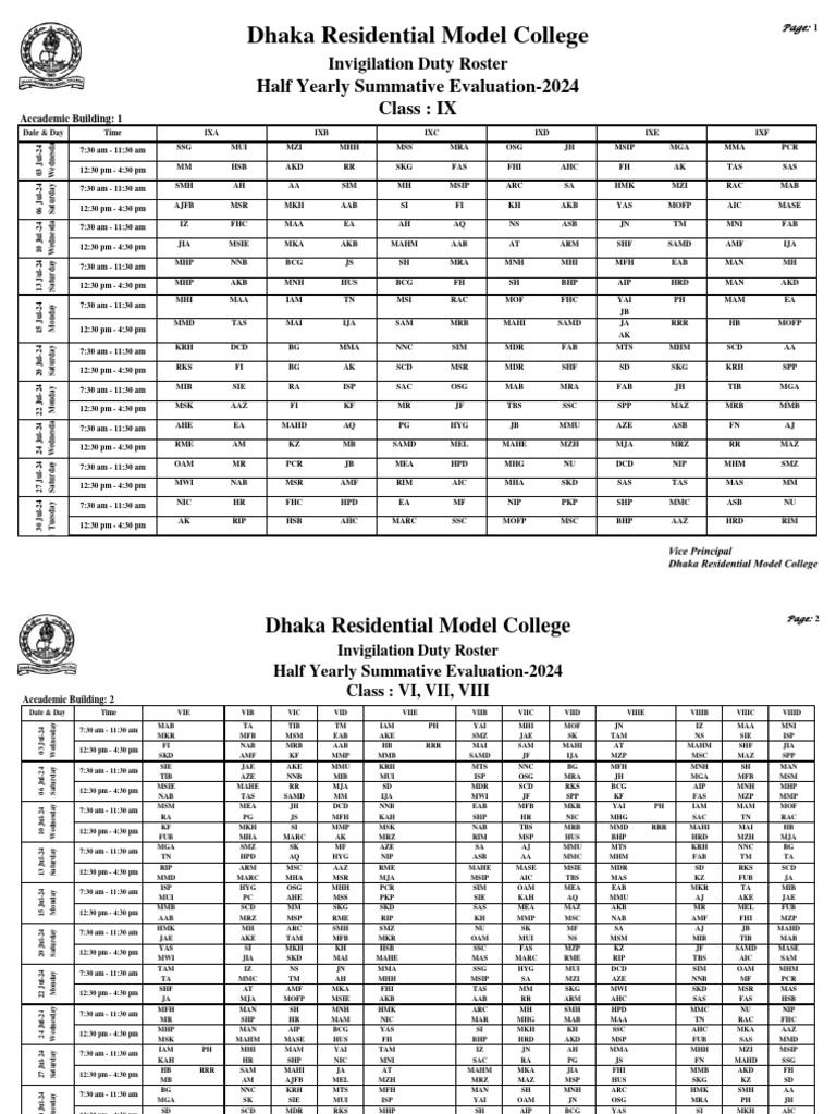Duty Roster Half Yearly 2024 Room | PDF