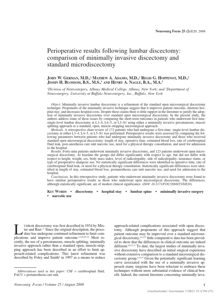 Perioperative Results Following Lumbar Discectomy: Comparison of ...