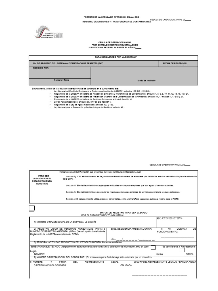 Cédula de Operación Anual COA 20_____ | PDF | Residuos | Agua