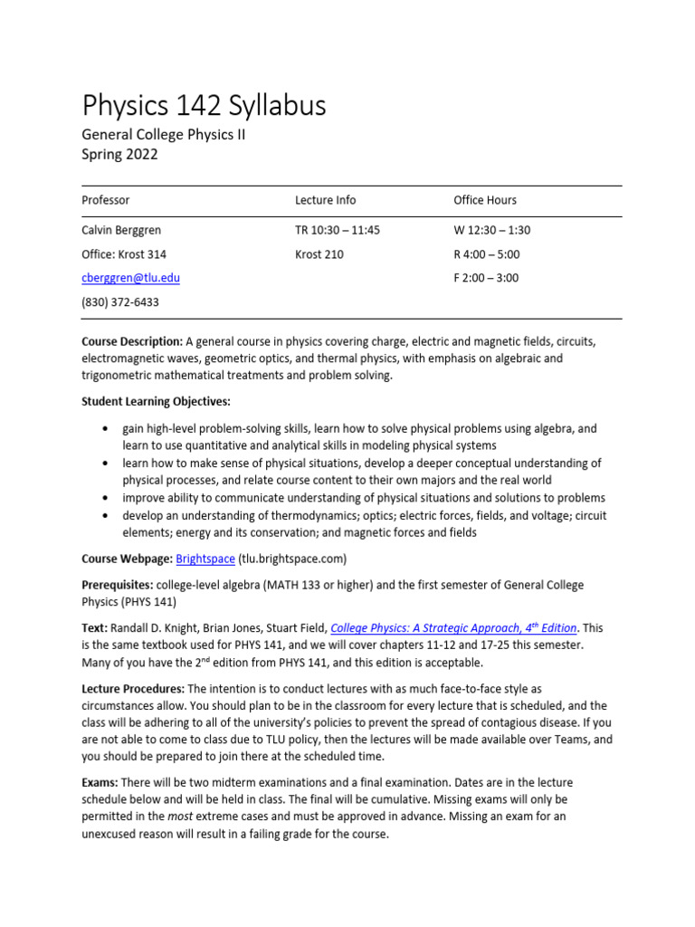Syllabus PHYS 142 | PDF | Heat | Physical Phenomena