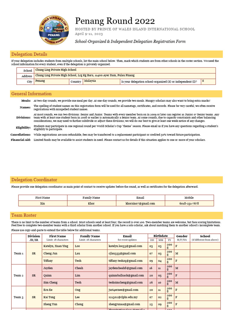 WSC Penang Round Registration Form 2023 | PDF