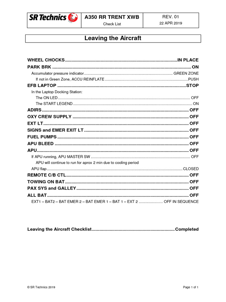 A350 RR Trent XWB Leaving Checklist | PDF | Aviation