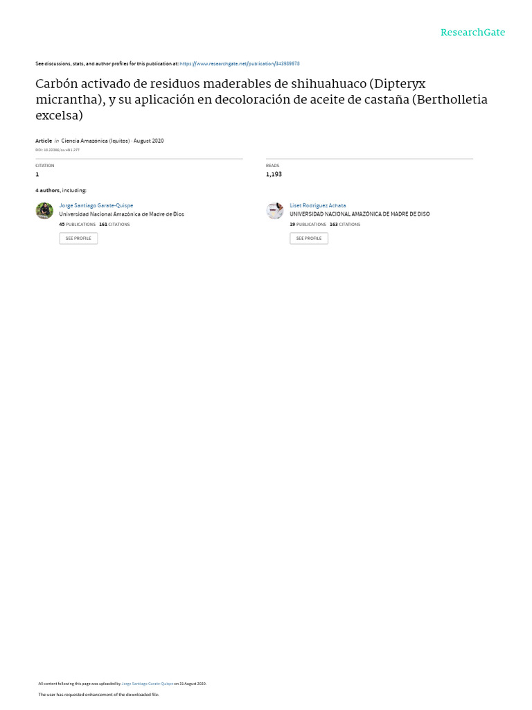 Carbón activado de shihuahuaco en aceite | PDF | Agua | Aluminio