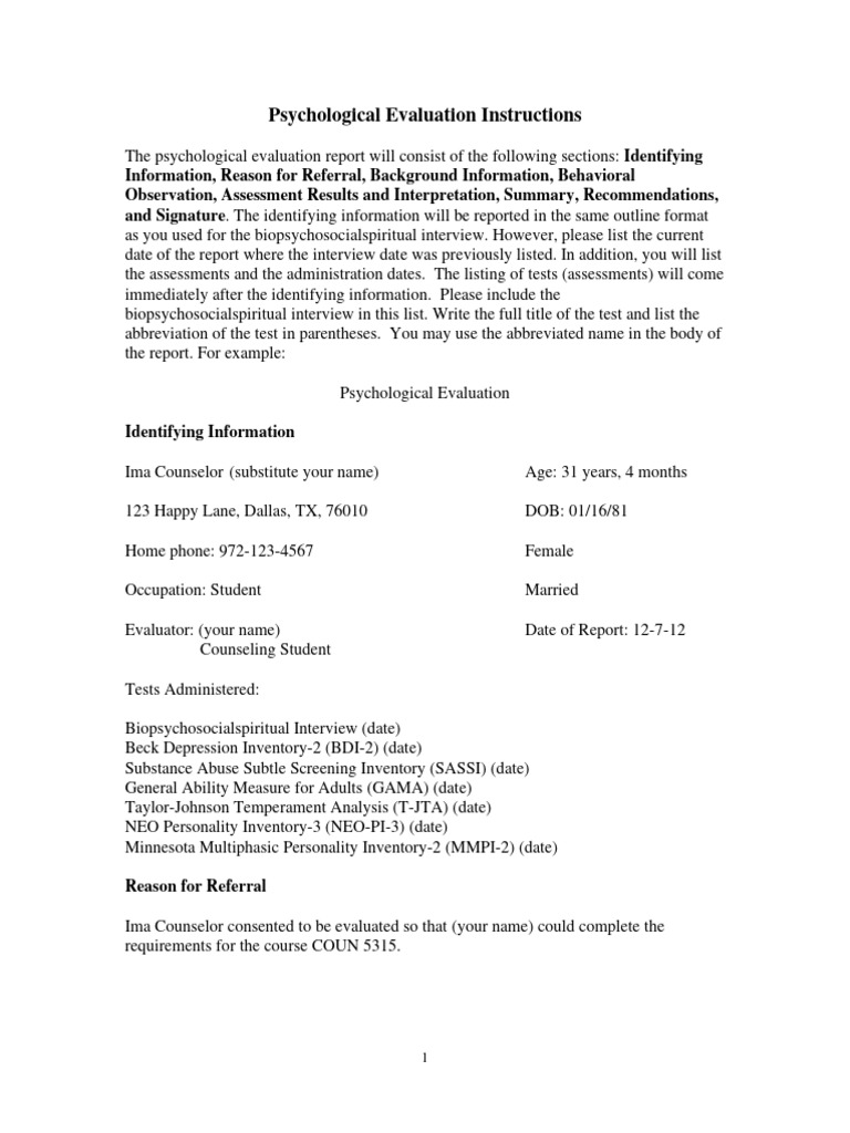 COUN 5315 - Write - Up Instructions For Psychological Evaluation FA 20 ...