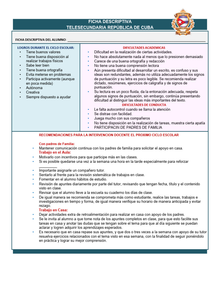 Ficha Descriptiva 2024-2025 | PDF | Comprensión lectora | Aprendizaje