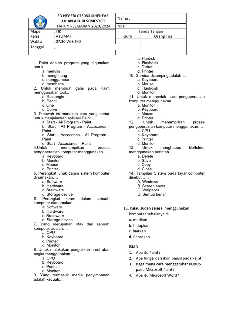Soal Uts Tik KLS 5 | PDF