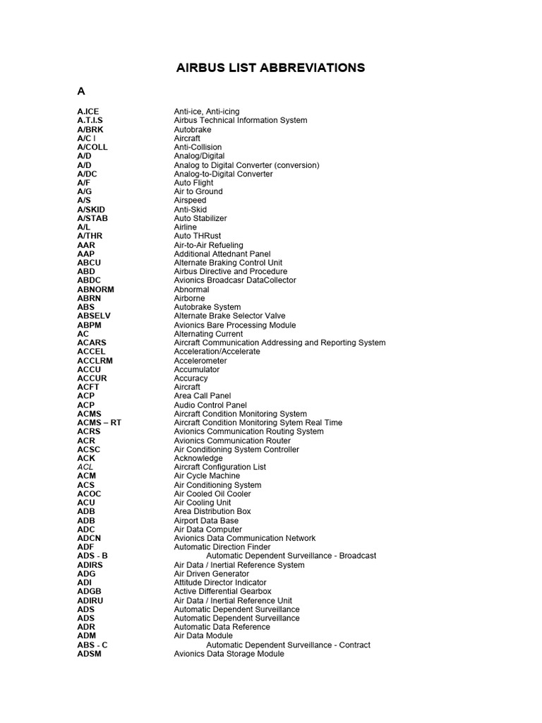 Airbus List Abbreviations 0 | PDF | Avionics | Analog To Digital Converter