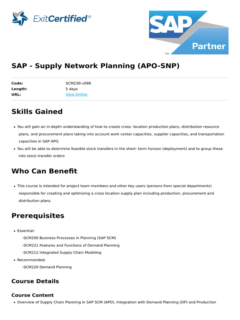 Supply Network Planning Apo SNP | PDF | Supply Chain Management ...