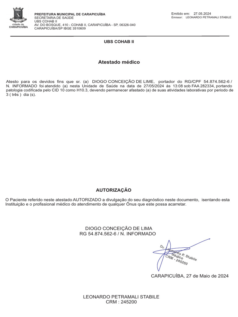 Atestado Médico Ubs Cohab II | PDF